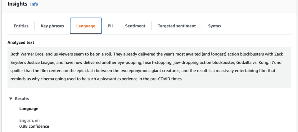 I tried to Analyze insights in text of a movie review with Amazon Comprehend | DevelopersIO