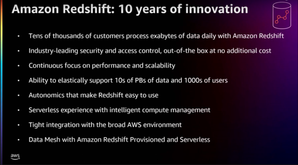 [レポート]Amazon Redshift: 10 years of innovation in integration, data sharing & more #ANT345 # ...