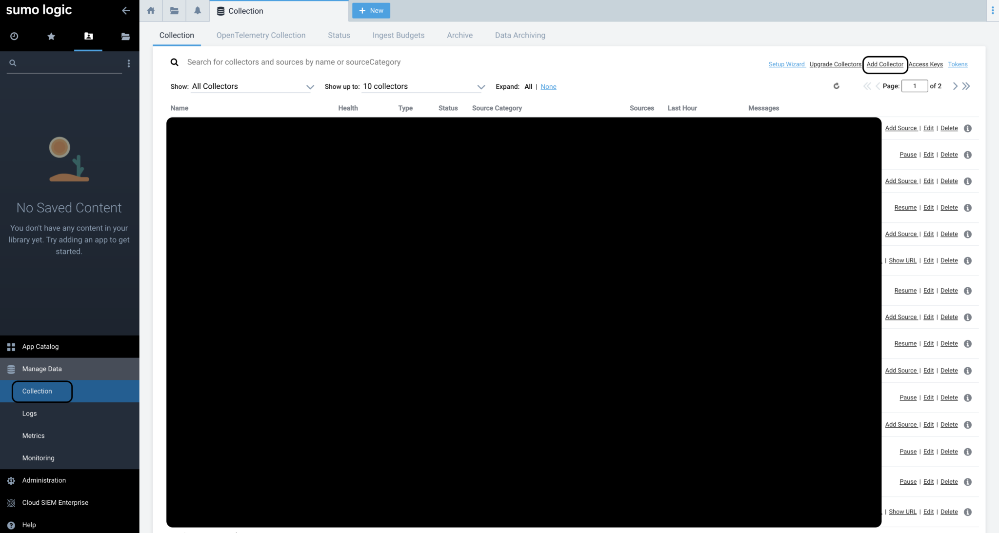 I tried setting up a collector in Sumo Logic to collect logs from ...