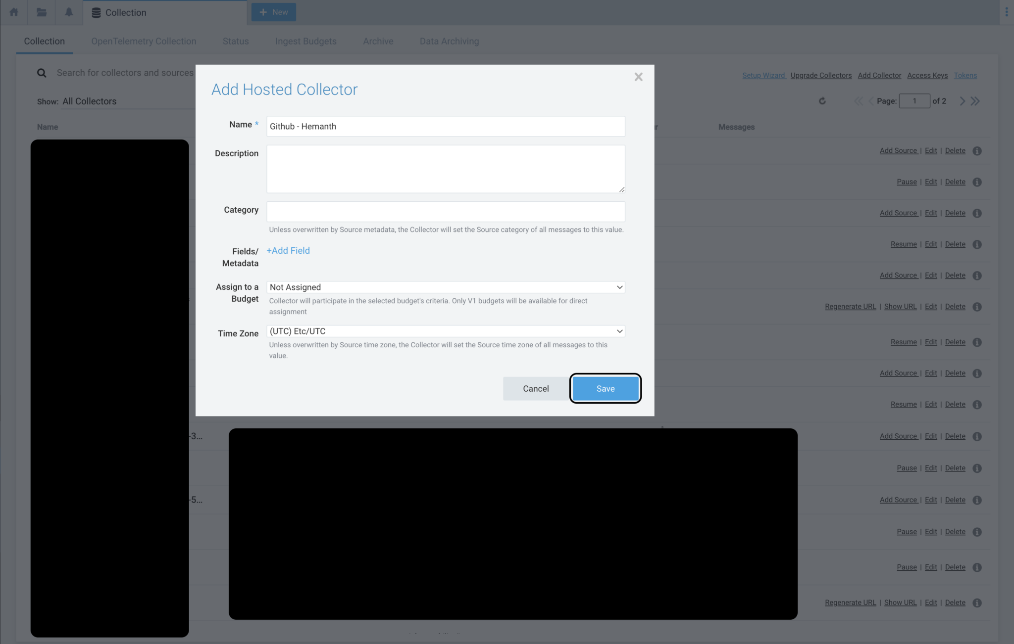 I tried setting up a collector in Sumo Logic to collect logs from ...