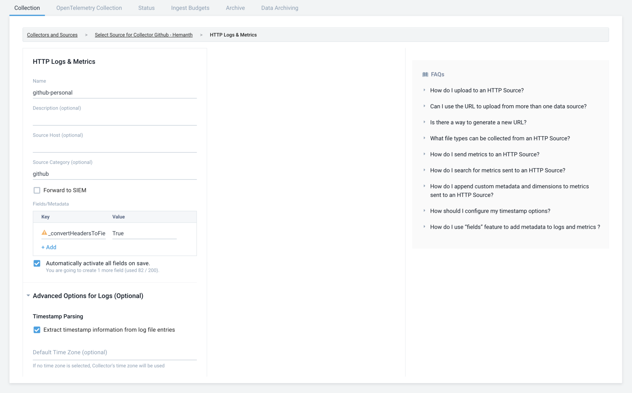 I tried setting up a collector in Sumo Logic to collect logs from ...
