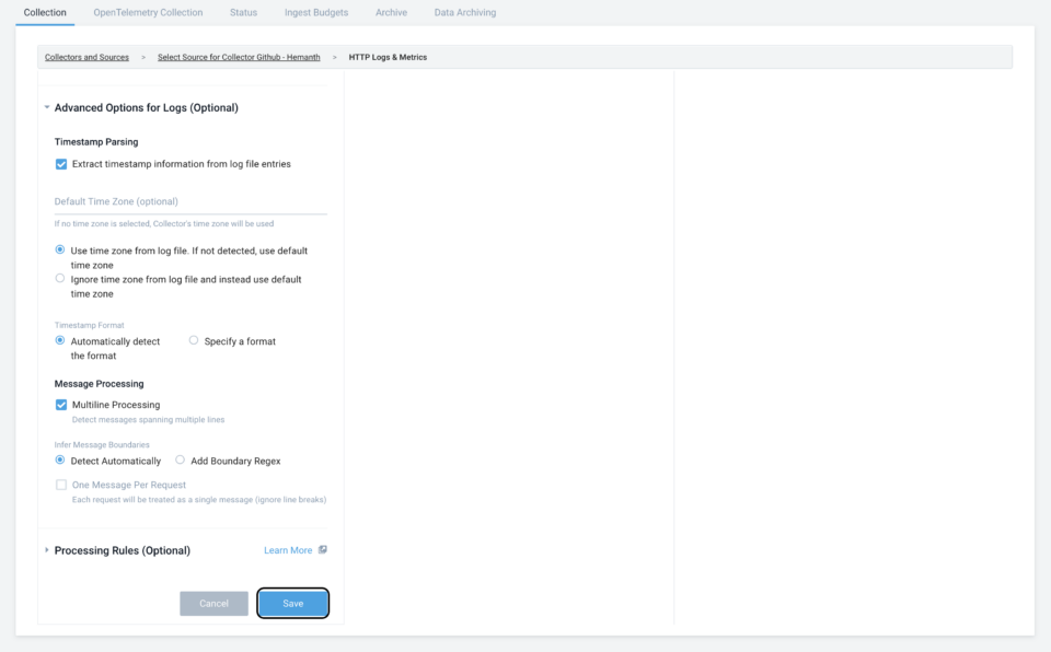 I tried setting up a collector in Sumo Logic to collect logs from ...