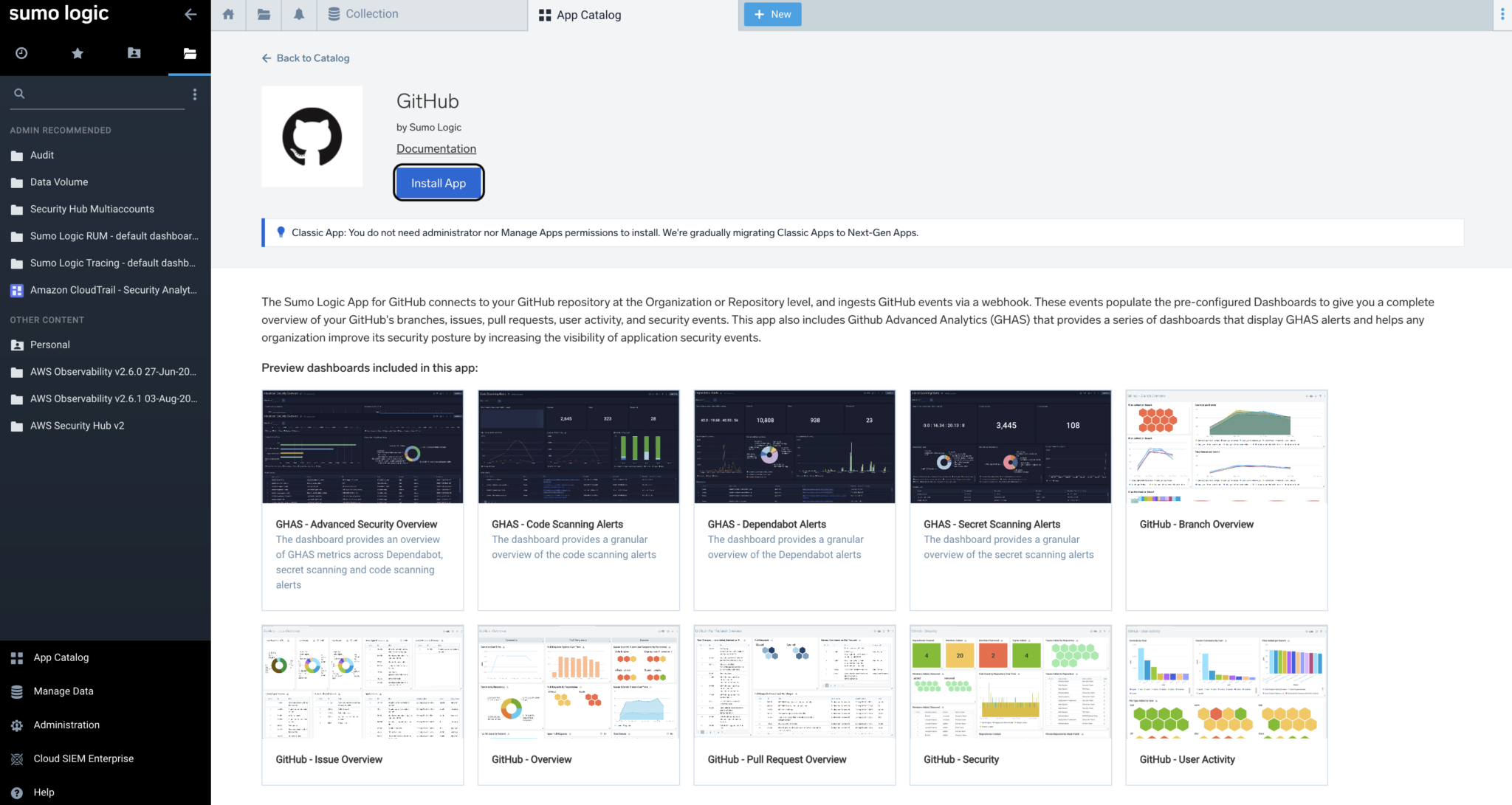 I tried the GitHub App Installation via the Sumo Logic App Catalog for Improved Dashboarding and ...