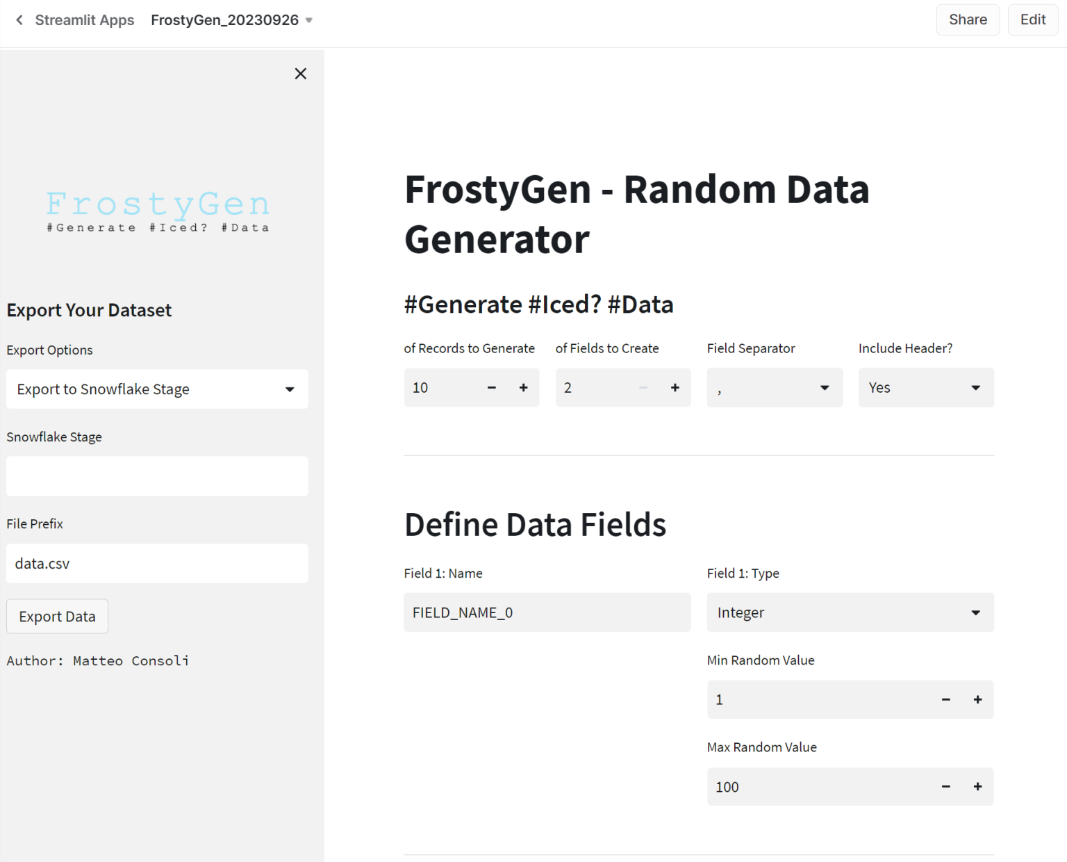 ダミーデータを生成できるStreamlitアプリ「FrostyGen」をStreamlit in Snowflakeで動かしてみた | DevelopersIO