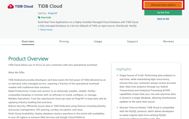 AWS Marketplaceを使用してSaaS製品(TiDB Cloud)を使ってみた | DevelopersIO
